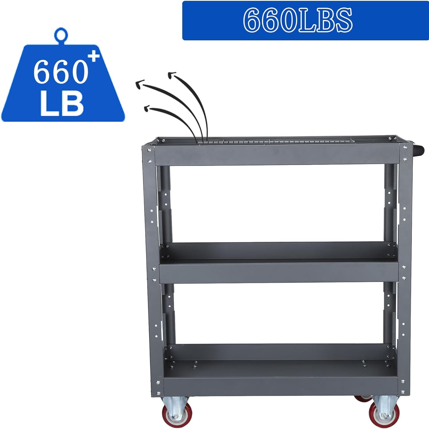3 Tier Large Capacity Tool Cart, 660 lbs Tool Trolley with Adjustable ...