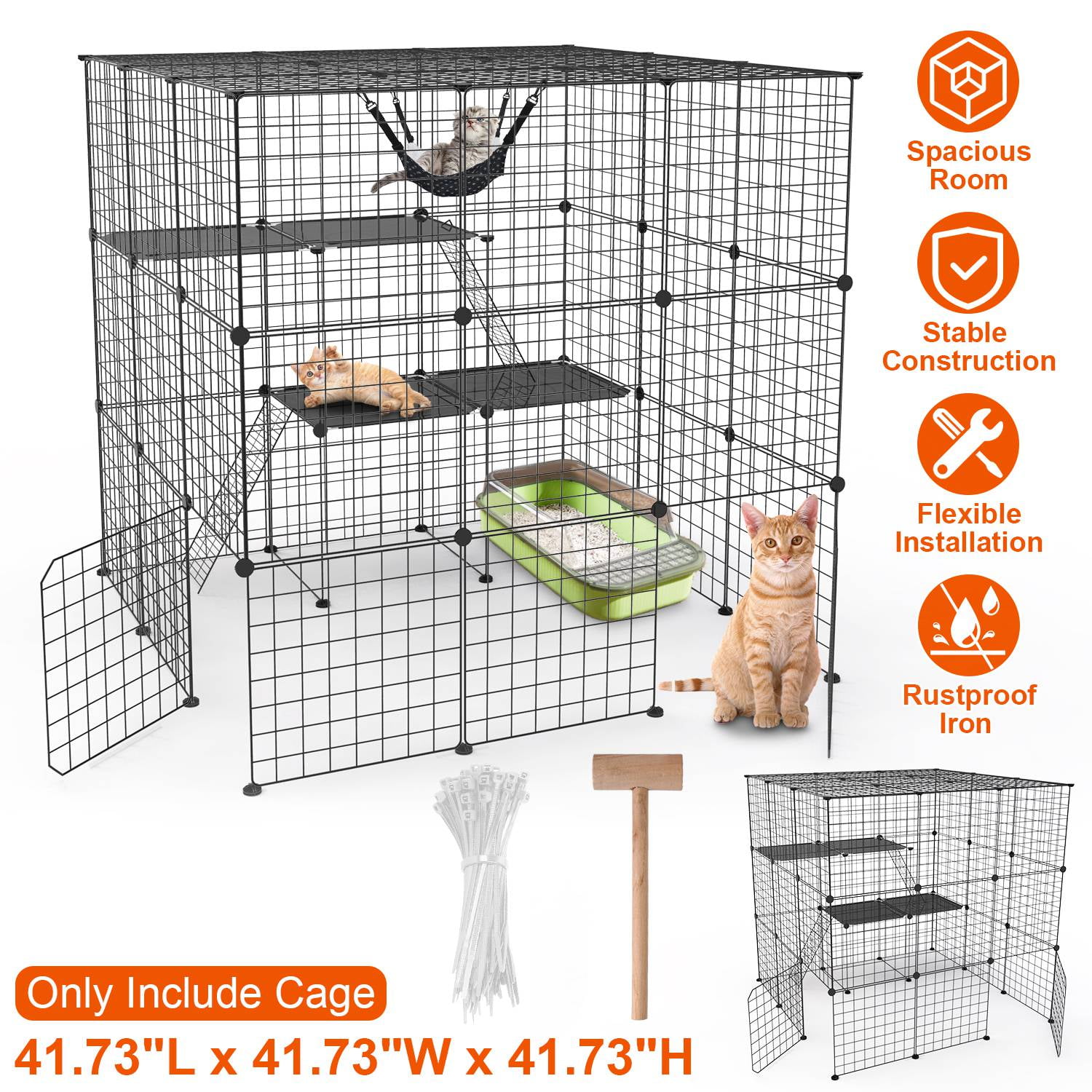 3 Tier Large Cat Cage Detachable Cat Crate with 2 Ladders Doors for 1-4 ...