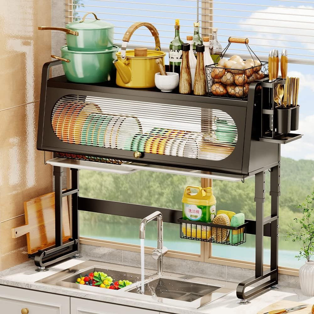 3-Tier Large Dish Drainer Rack, Over The Sink Dish Drying Rack Kitchen ...