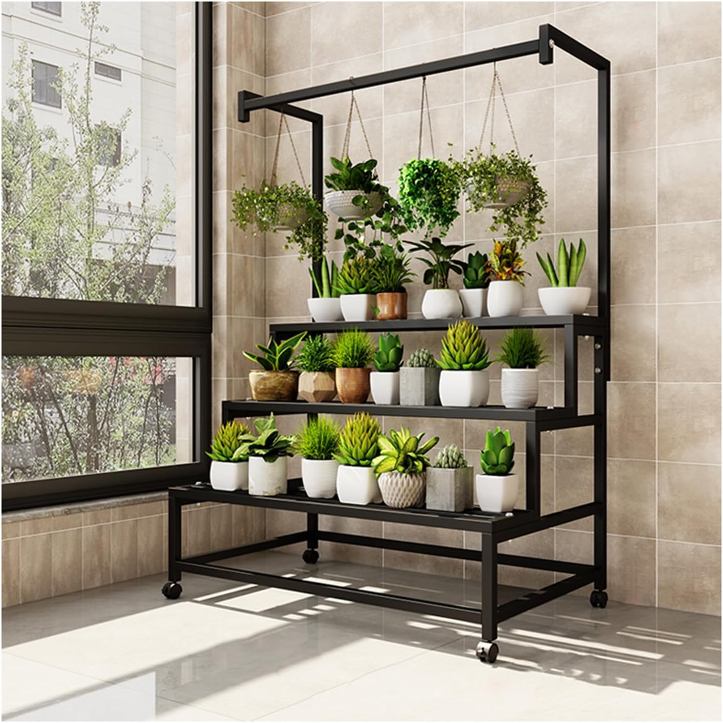 3 Tier Large Metal Plant Stand, with Hanging Tall Plant pot shelf, with ...
