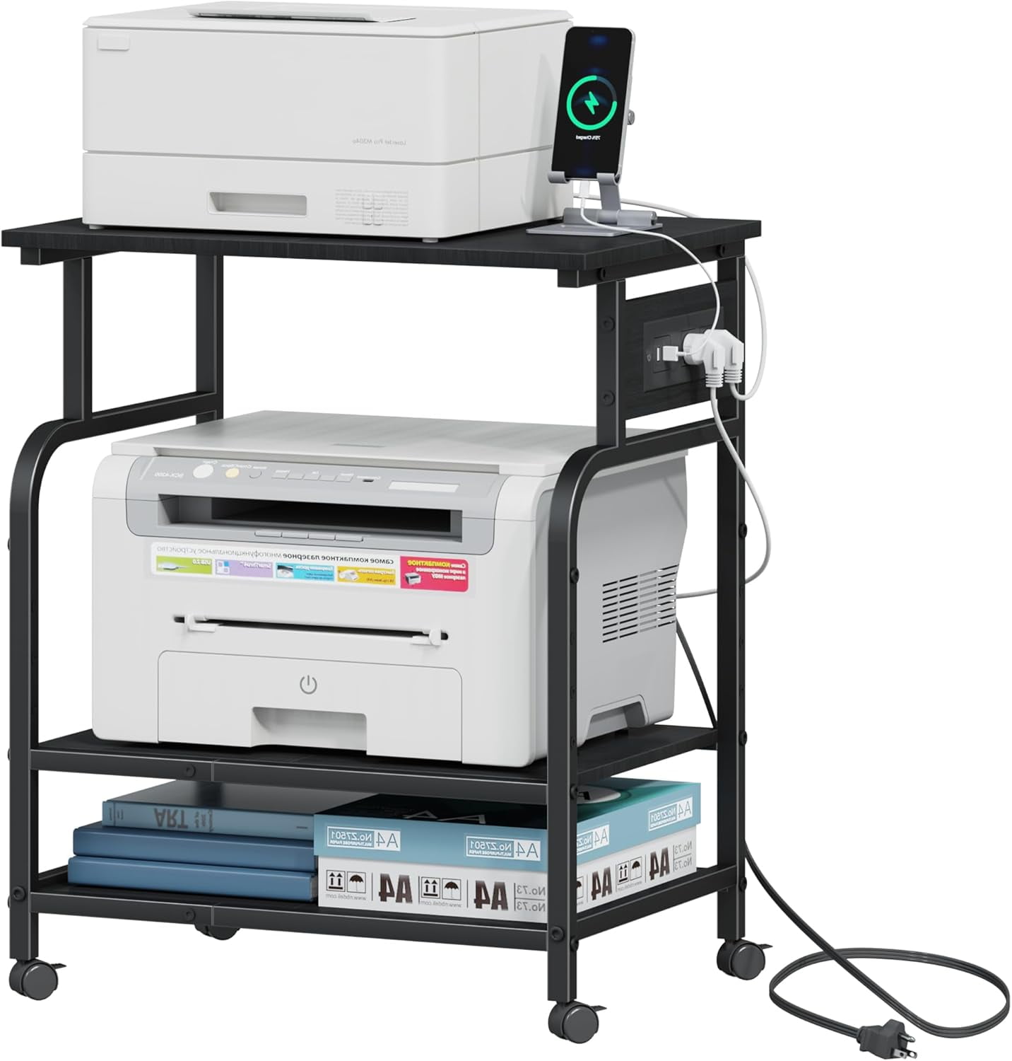 3 Tier Large Printer Stand with Power Outlet/Adjustable Storage Shelf ...