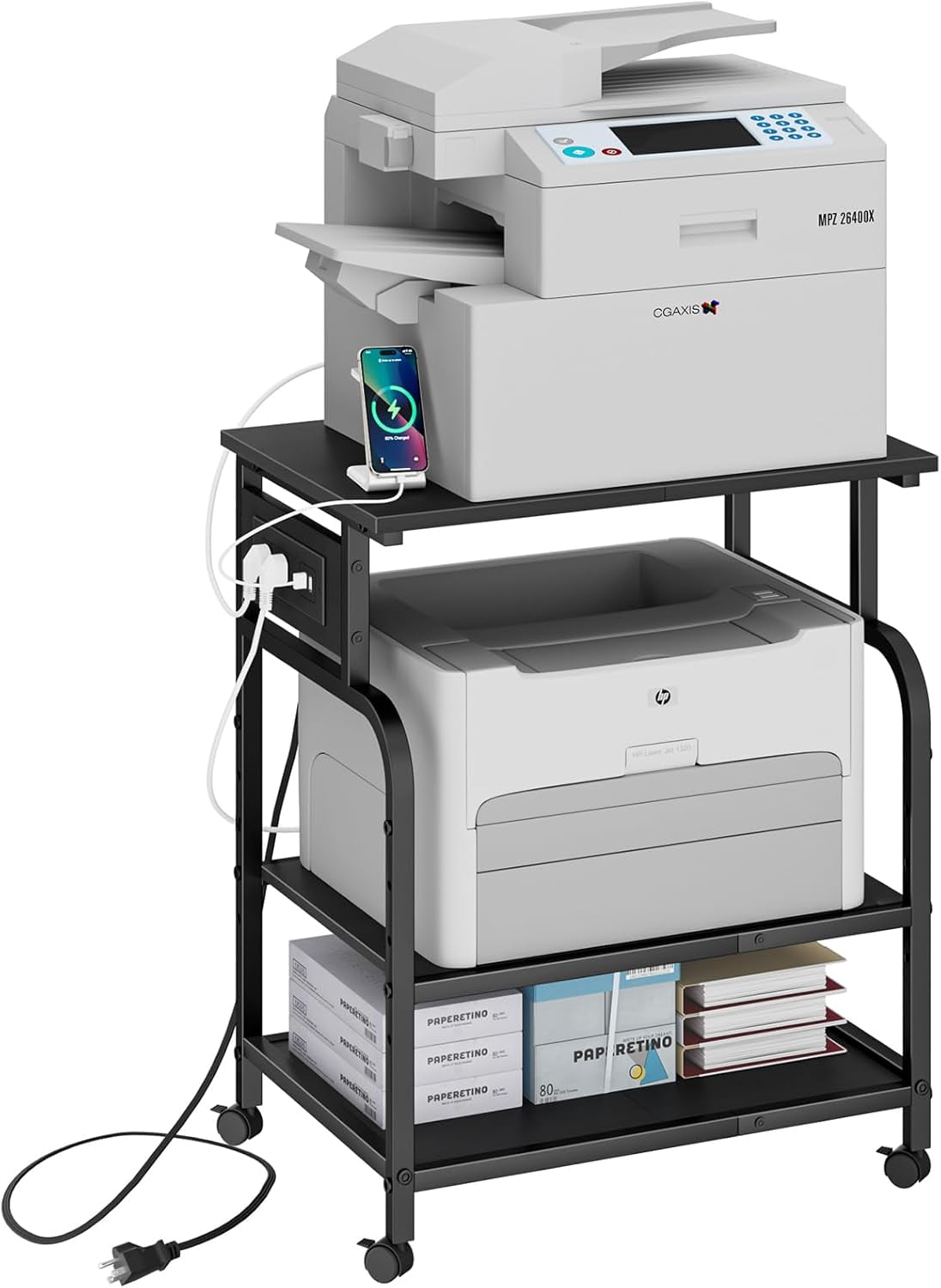 3 Tier Large Printer Stand with Power Outlet/Adjustable Storage Shelf ...