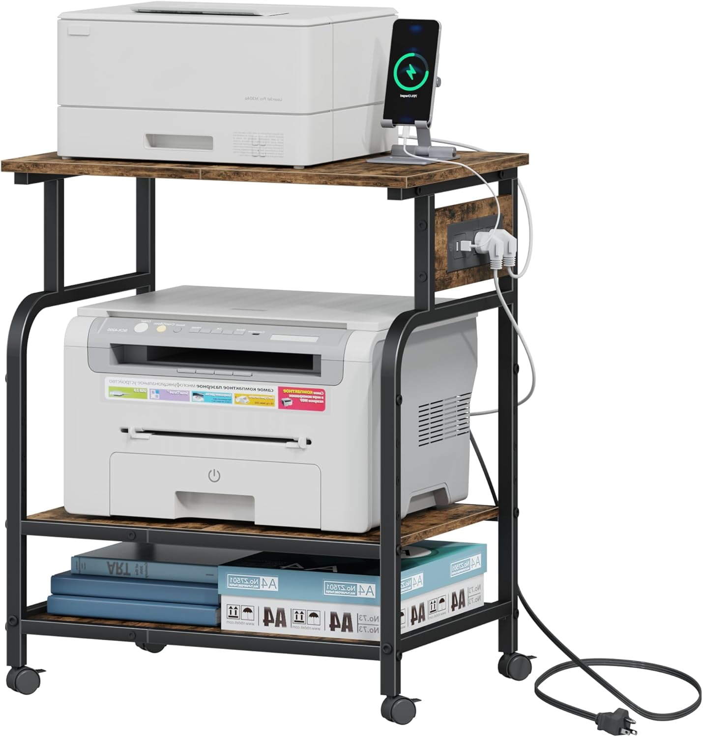 3 Tier Large Printer Stand with Power Outlet/Adjustable Storage Shelf ...