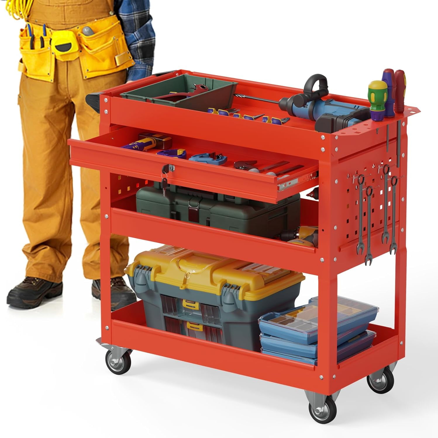 3 Tier Large Storage Capacity Lockable Tool Cart with Drawers ...