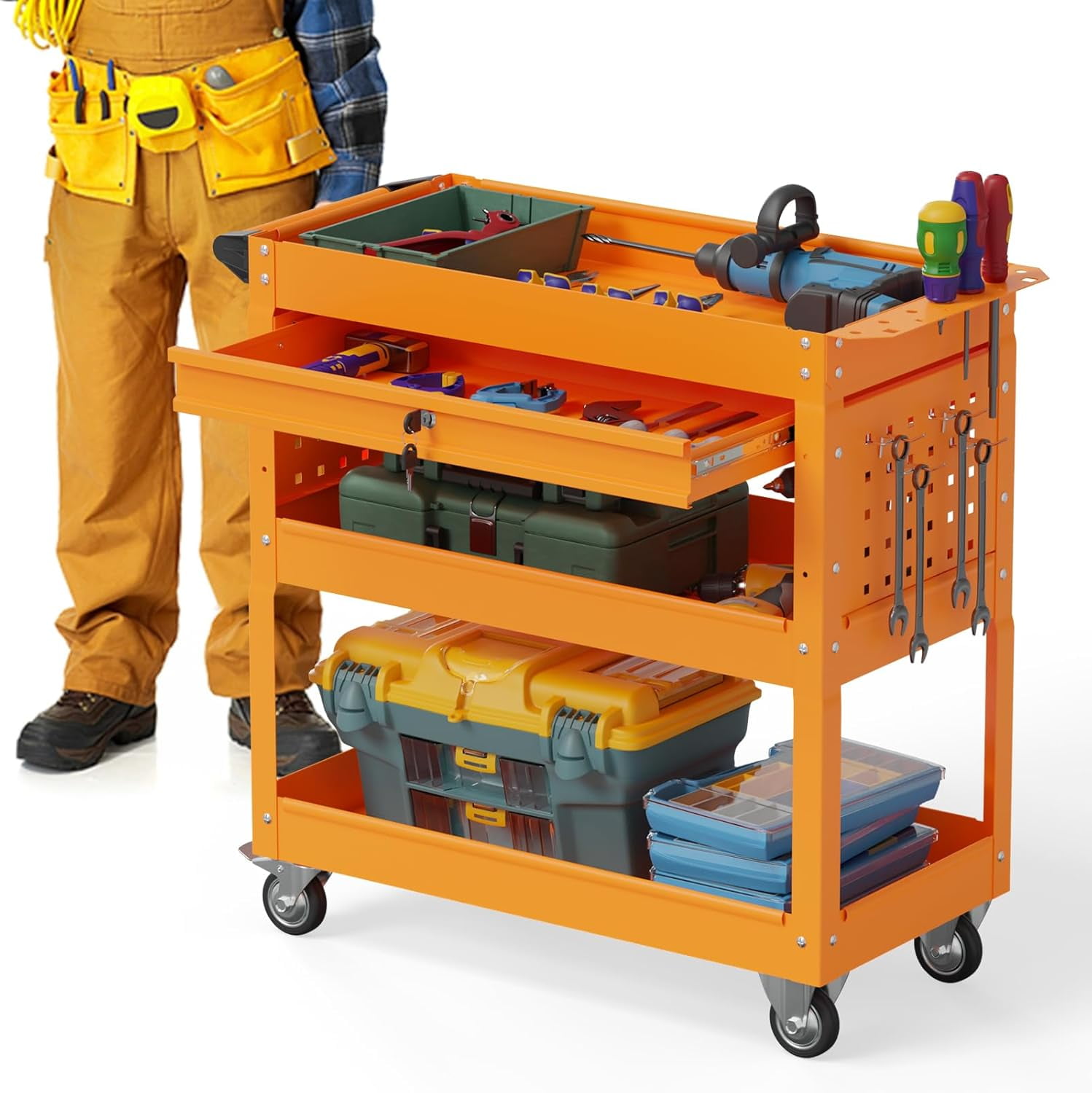 3 Tier Large Storage Capacity Tool Cart, Lockable Tool Cart with ...