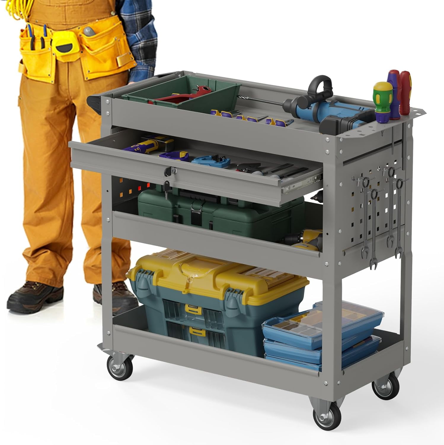 3 Tier Large Storage Capacity Tool Cart with Lockable Drawers and ...