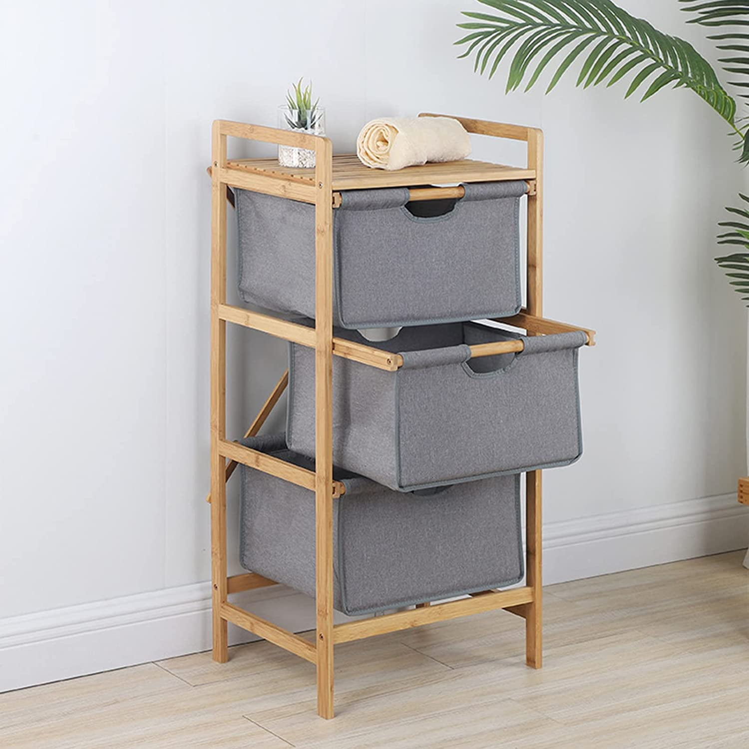 3-Tier Laundry Basket Bamboo Organizer Storage Shelf Pull Out Clothes ...