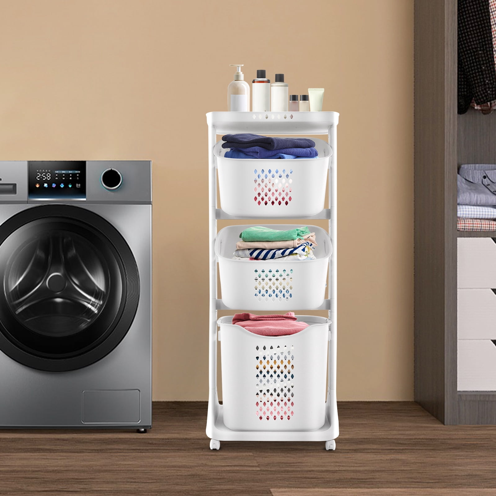 3-Tier Laundry Basket Pp Large Capacity Rolling Dirty Clothes Basket ...