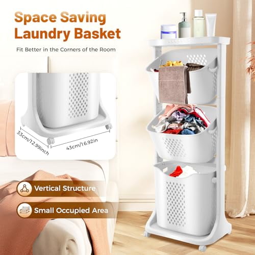 3 Tier Laundry Basket Rack Movable Laundry Basket Shelf Holder with ...