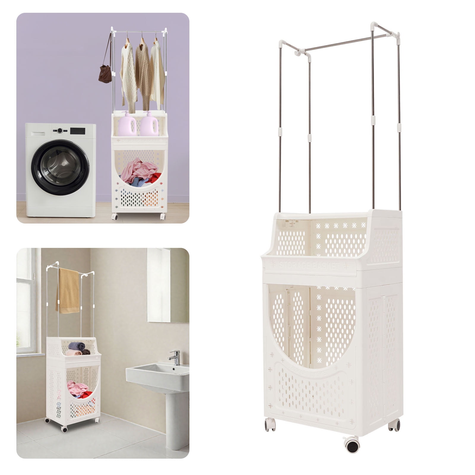 3-Tier Laundry Basket with Wheels Laundry Hamper Cart with Clothes Rack ...