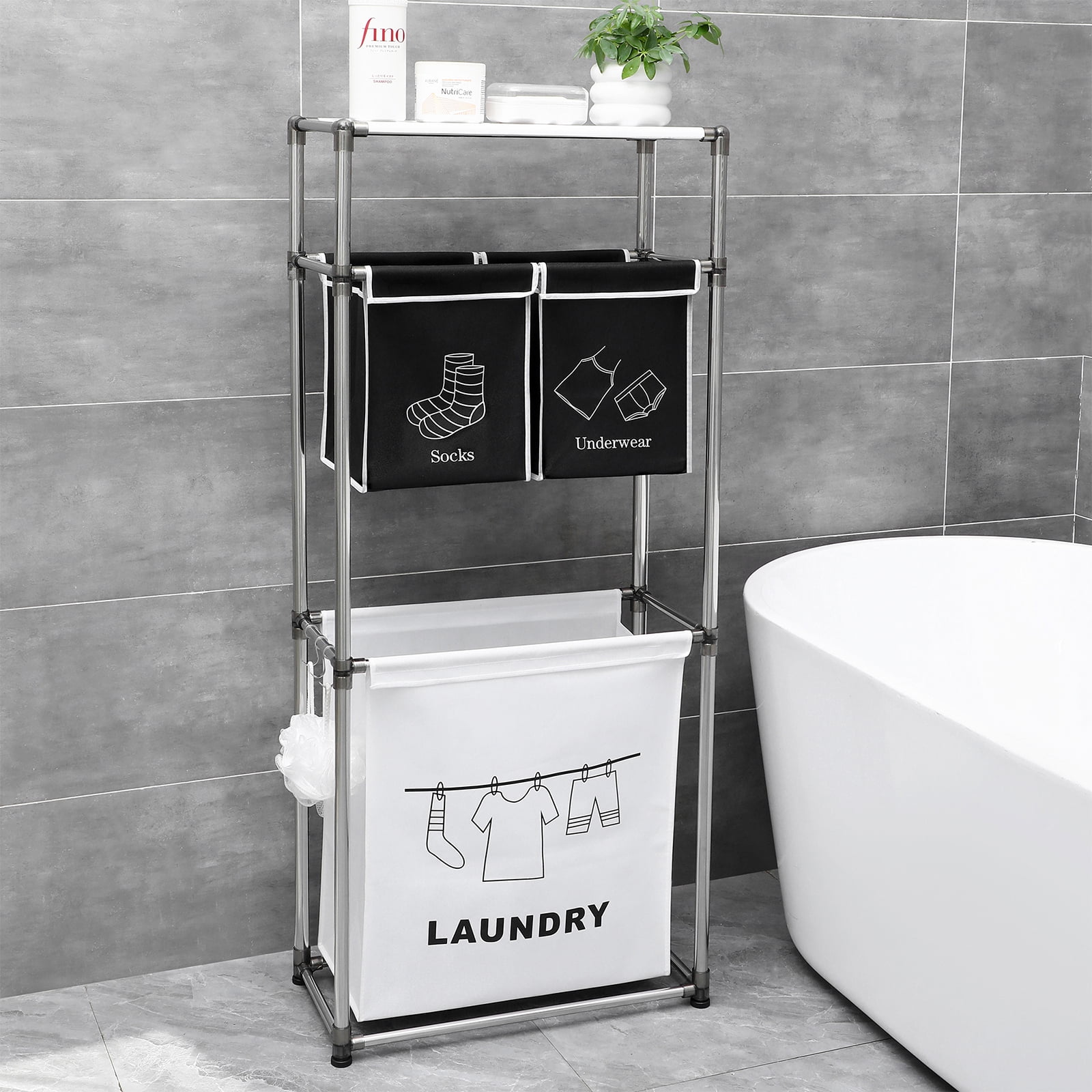 3 Tier Laundry Hamper With 4 Removable Bags, 3 Metal Hooks, Wide Shelf ...