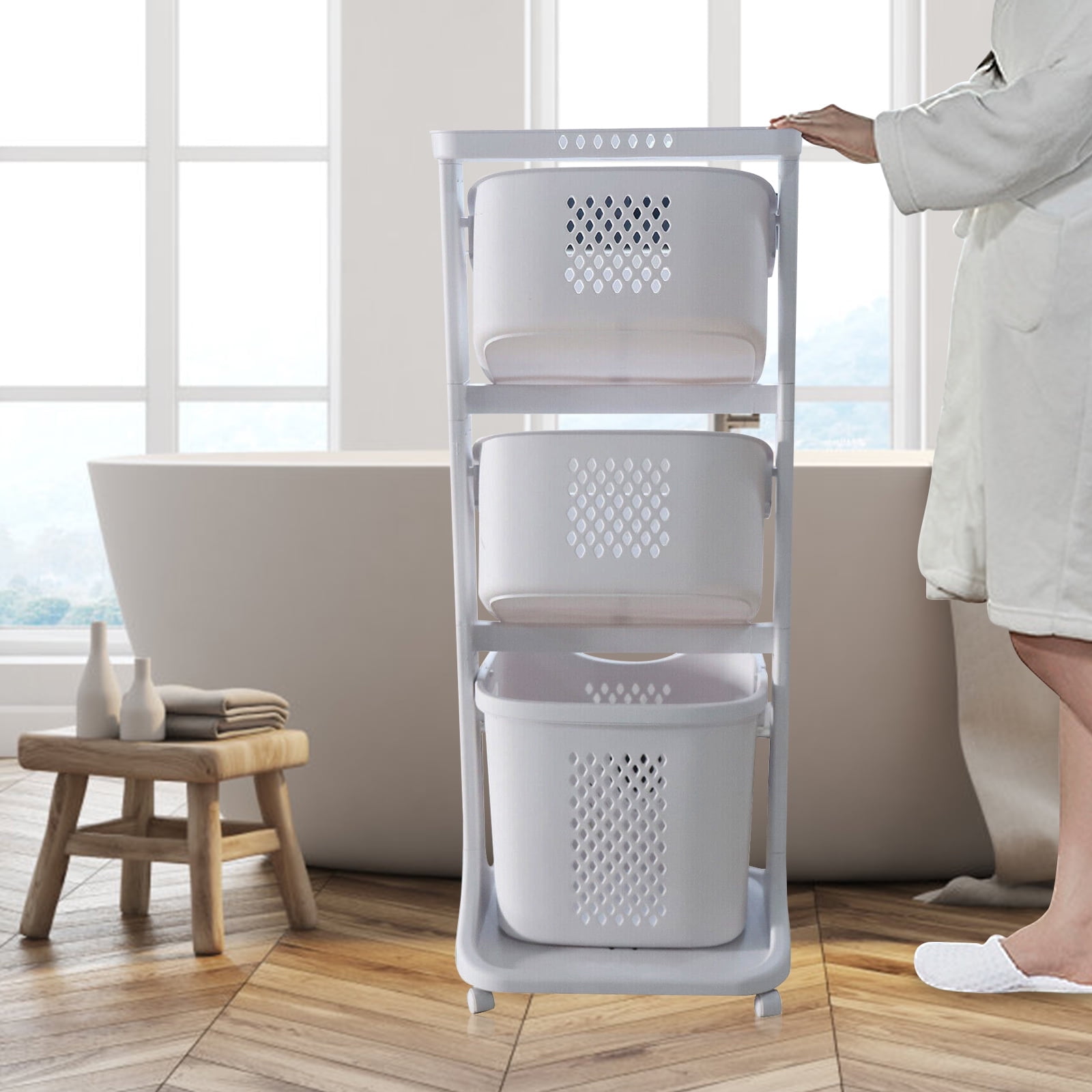 3-Tier Movable Laundry Hamper Basket Sorter with 360° Rolling Wheels ...
