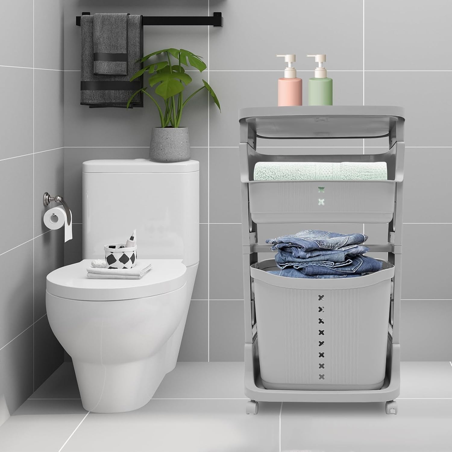 3 Tier Laundry Hamper Basket Sorter Clothes Storage with Wheels ...