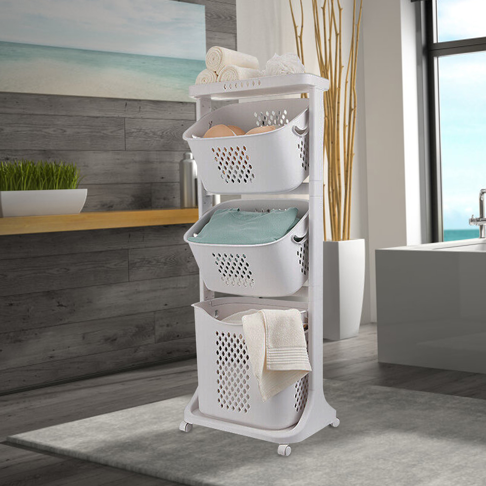 3-Tier Metal Rolling Laundry Cart with Hanging Bar Wheel,Organizer ...