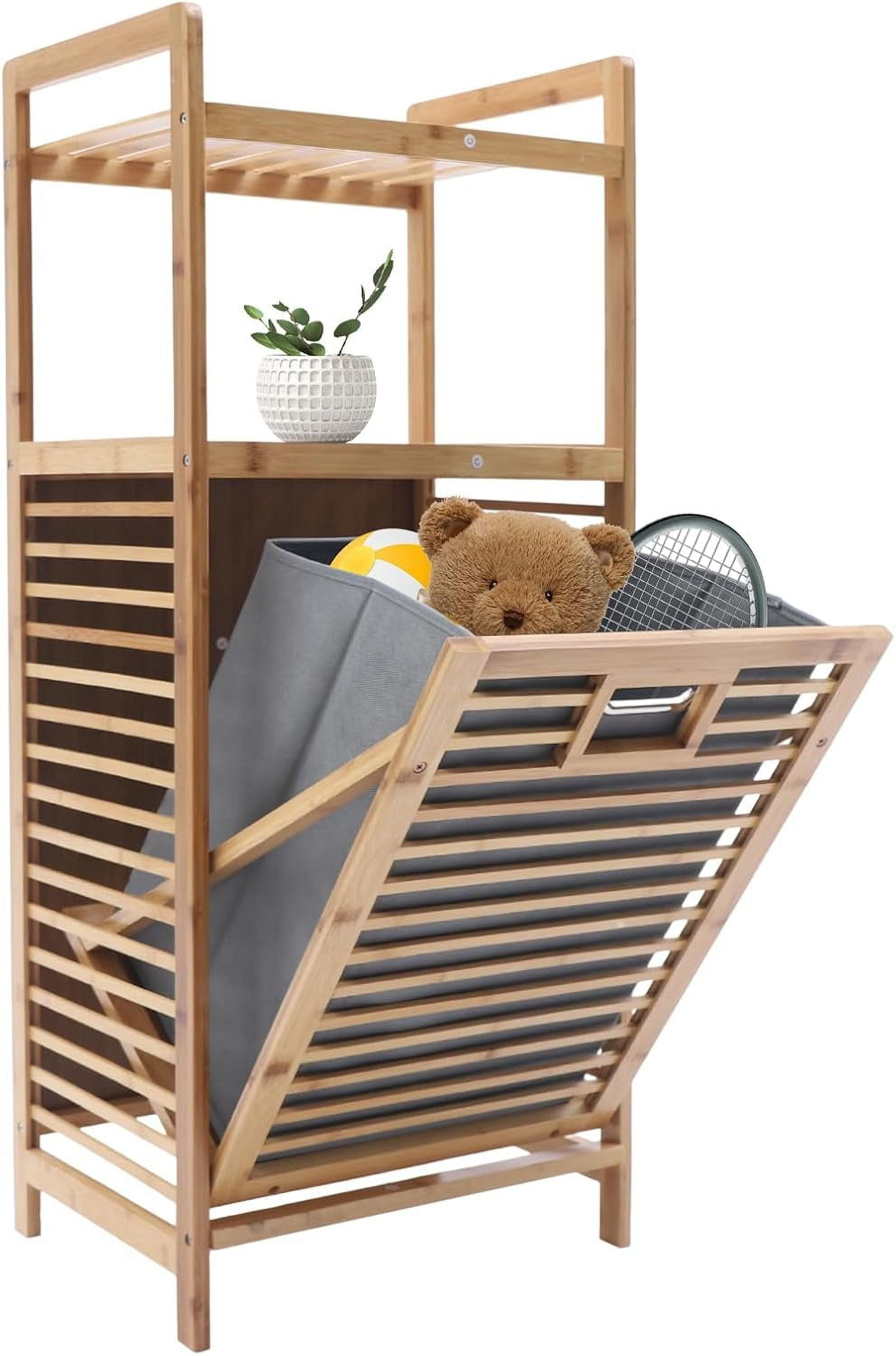 3-Tier Laundry Hamper with Shelf, Bamboo Tilt Out Laundry Hamper ...