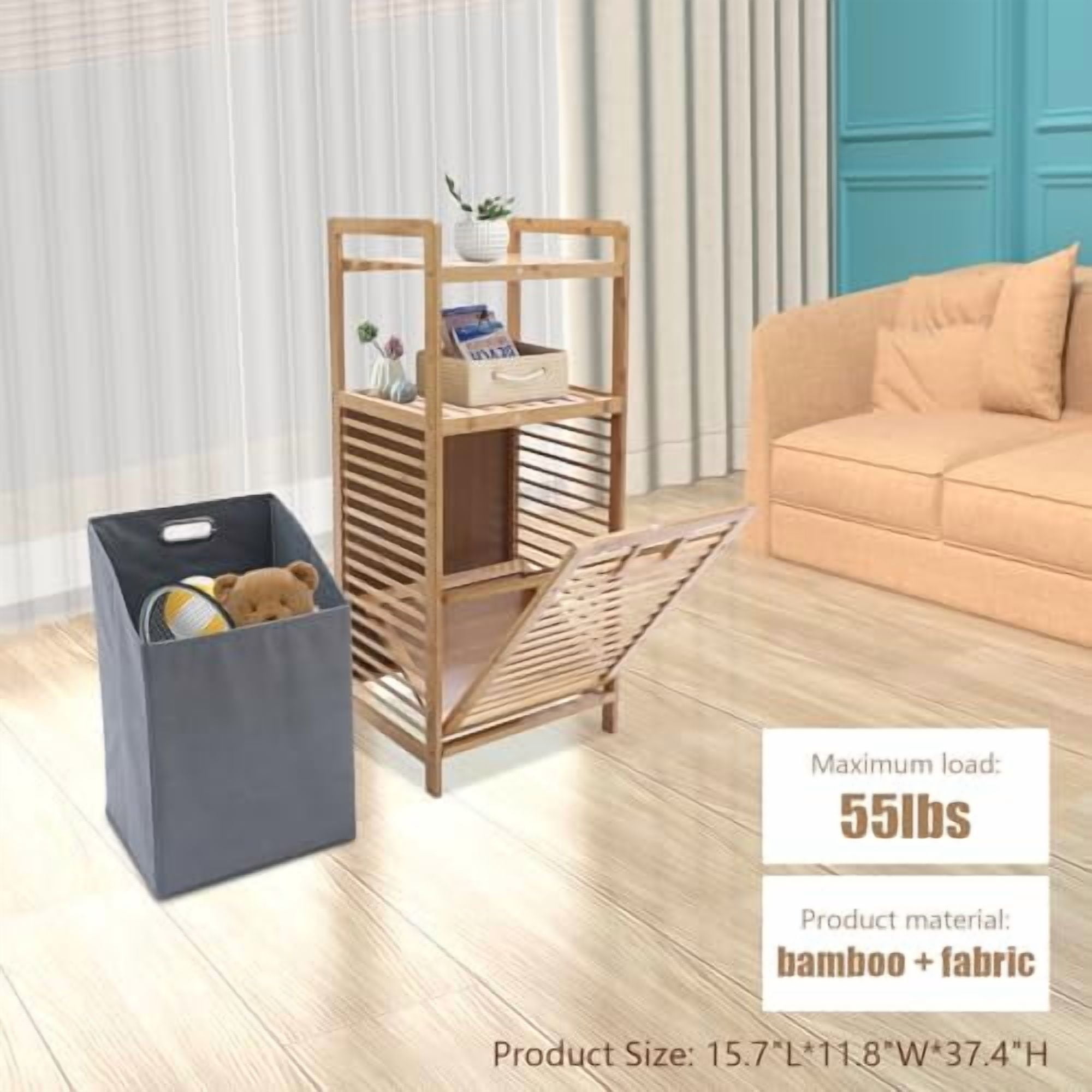 3-Tier Laundry Hamper with Shelf, Bamboo Tilt Out Laundry Hamper ...
