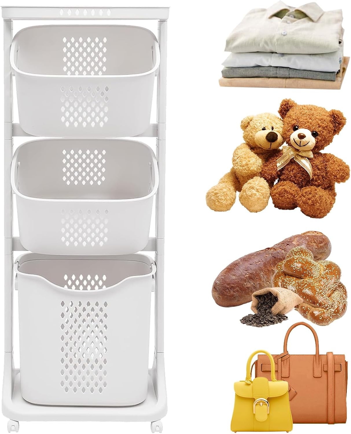3-Tier Laundry Hamper Sorter, Laundry Storage Organizer with Wheels ...