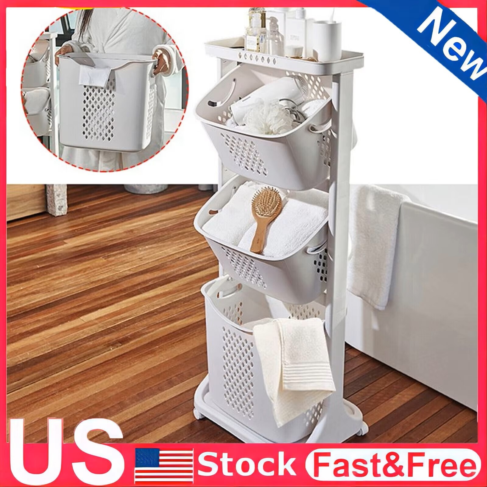 Oceanstar Mobile Rolling Storage Laundry Basket Cart with Handle, Black ...