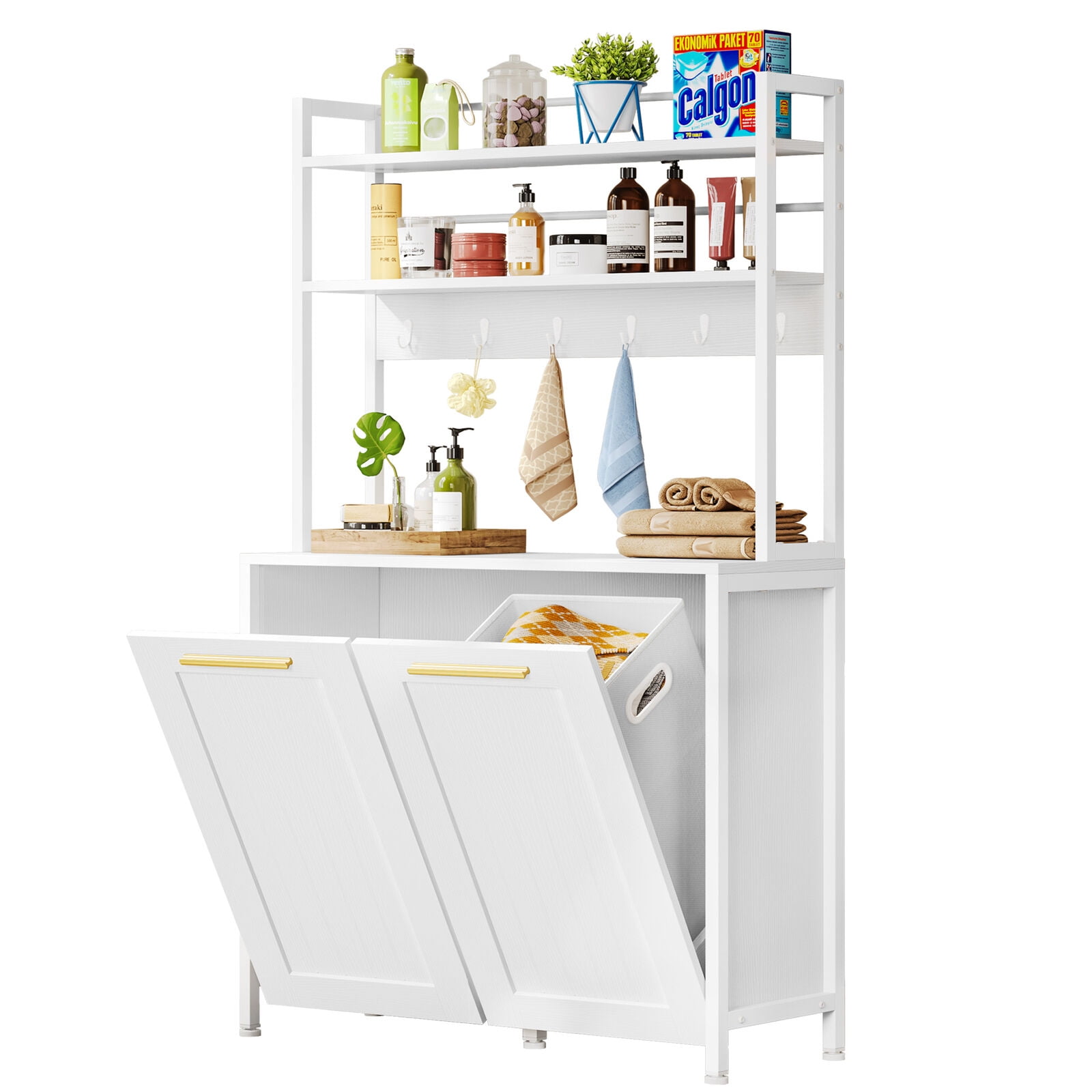 3-Tier Laundry Hamper with Shelf & Hooks Tall Laundry Basket Sorter for ...