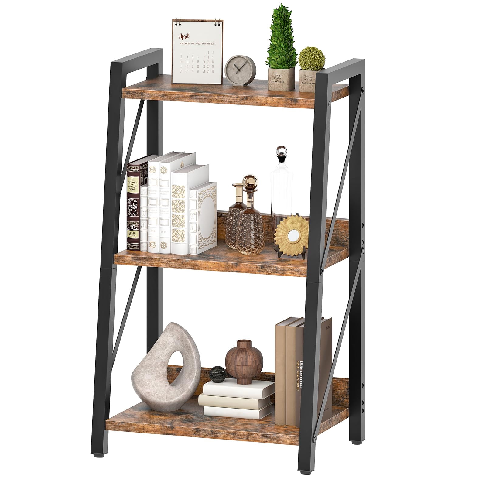 3-Tier Leaning Ladder Bookshelf In Rustic Brown + Black, Metal Frame ...
