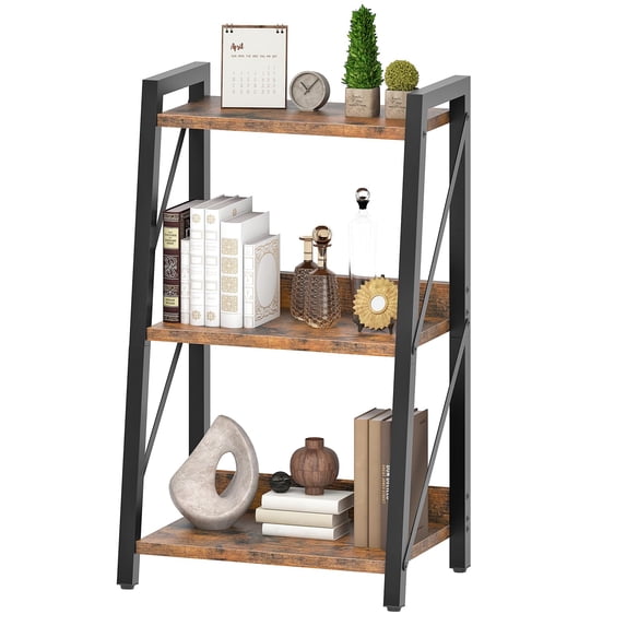 3-Tier Leaning Ladder Bookshelf In Rustic Brown + Black, Metal Frame ...