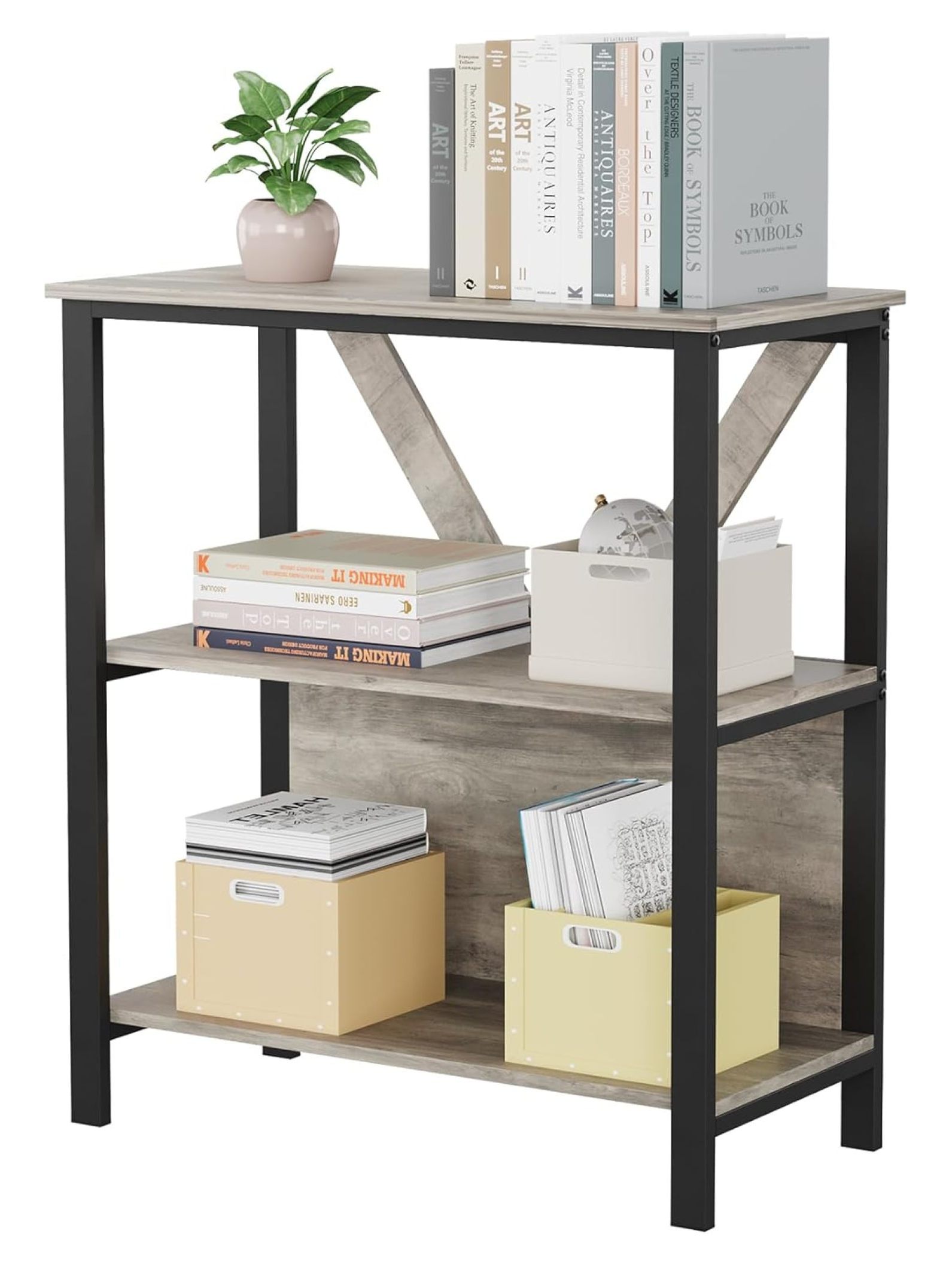3-Tier Led Book Shelf, Industrial Open Display Wood Shelves with ...