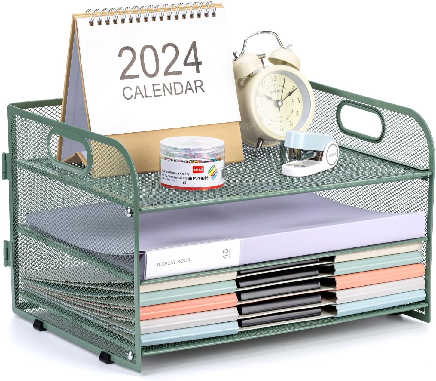 3-Tier Letter Tray Paper Organizer with Handle, Compact Mesh Desk File ...
