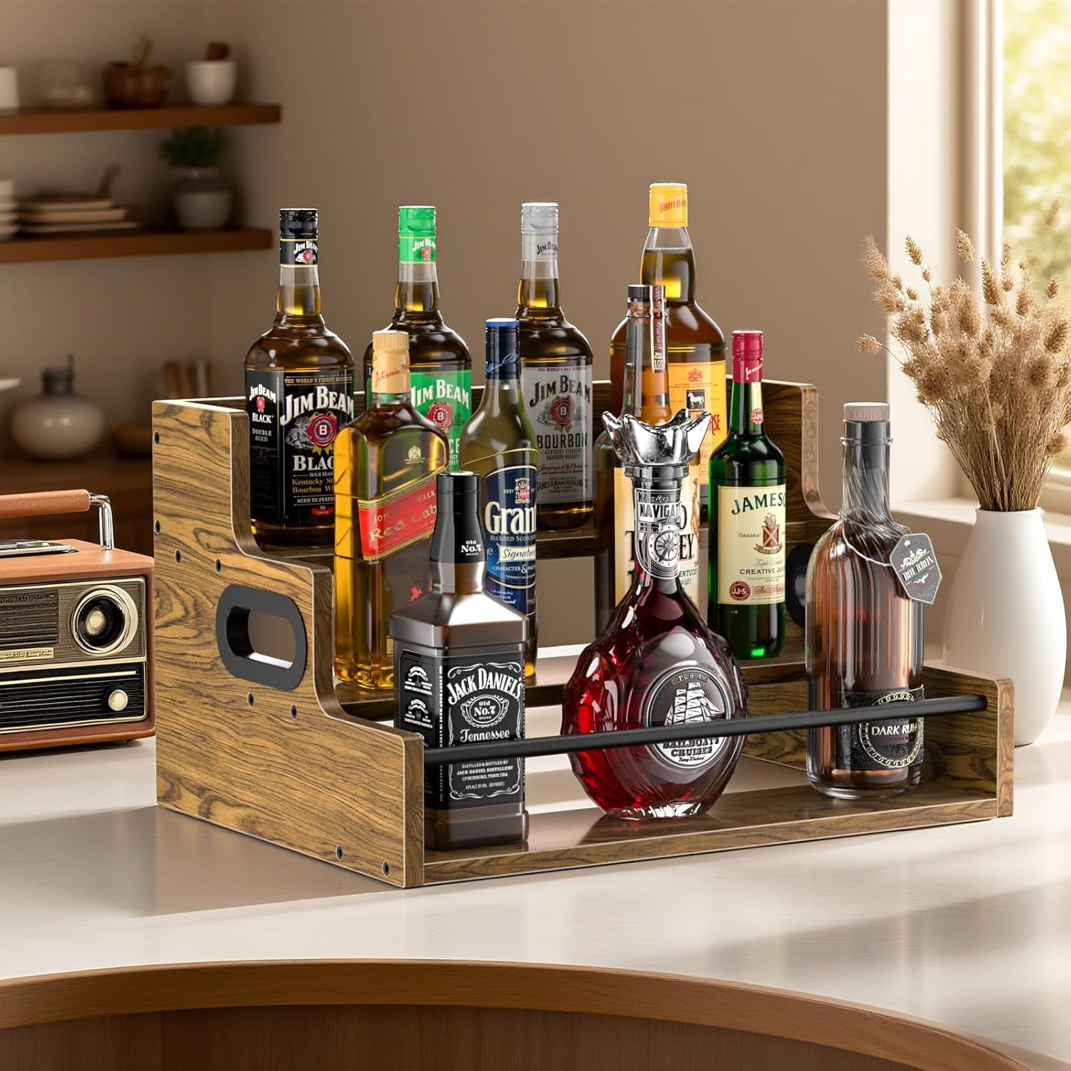 3-Tier Liquor Bottle Display Shelf, Wood Coffee Syrup Organizer, Retro ...