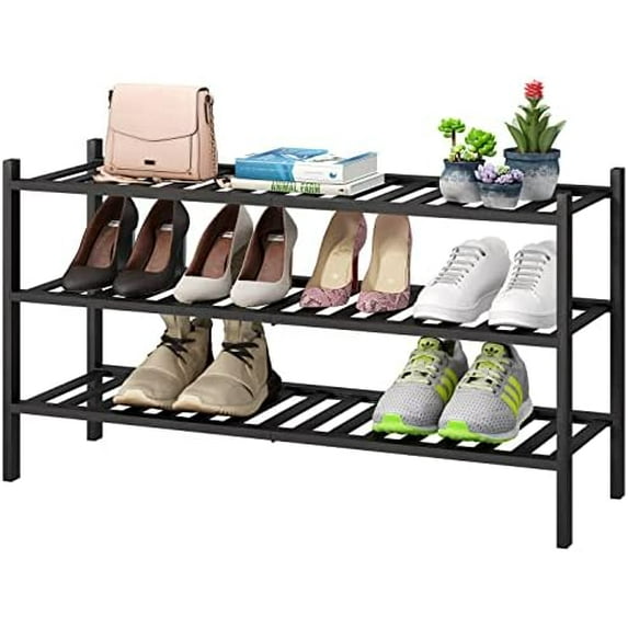 3-Tier Long Black Shoe Rack, Bamboo Wood Shoe Rack for Closet, Entryway ...