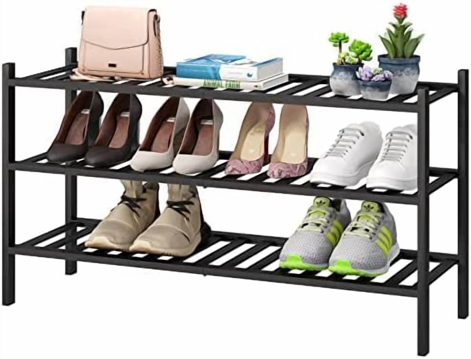 3-Tier Long Black Shoe Rack, Bamboo Wood Shoe Rack for Closet, Entryway ...