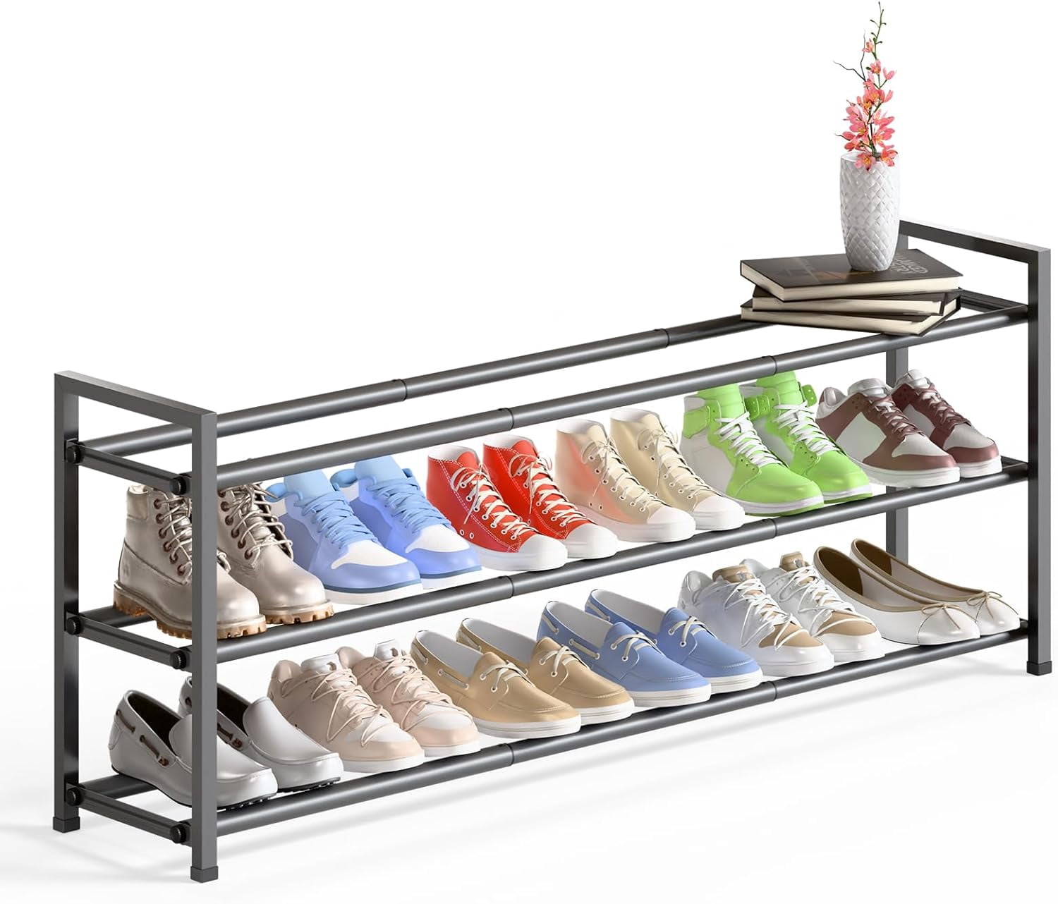 3-Tier Long Expandable Shoe Rack for Closet, 18"-44" Adjustable Shoe ...