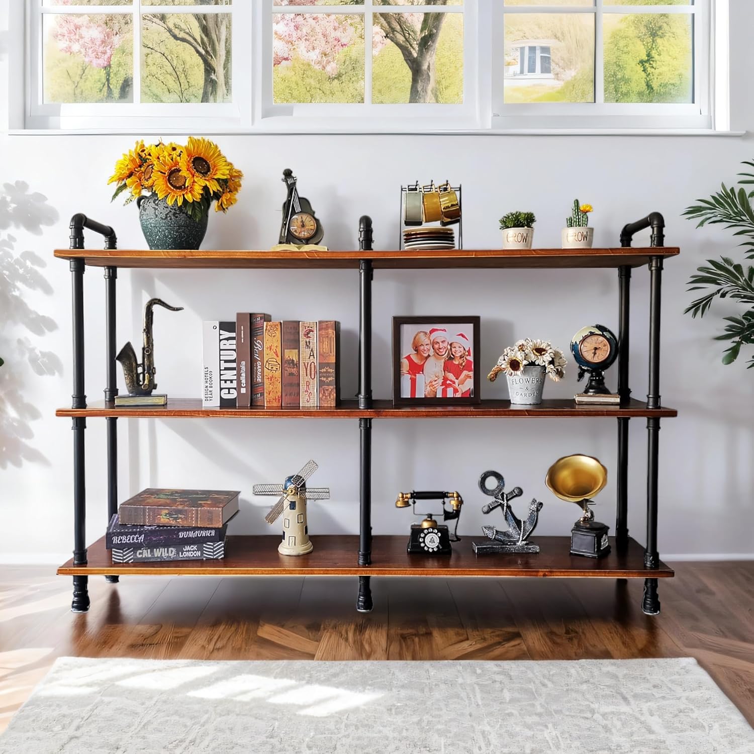 3 Tier Long Industrial Bookshelf, 3 Realwood Industrial Pipe Bookshelf ...