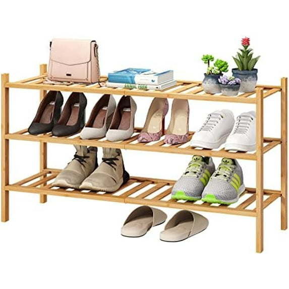 3-Tier Long Shoe Rack, Bamboo Wood Shoe Rack for Closet, Entryway ...