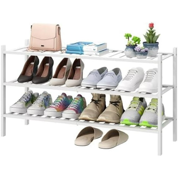 3-Tier Long Shoe Rack, Bamboo Wood Shoe Rack for Closet, Entryway ...