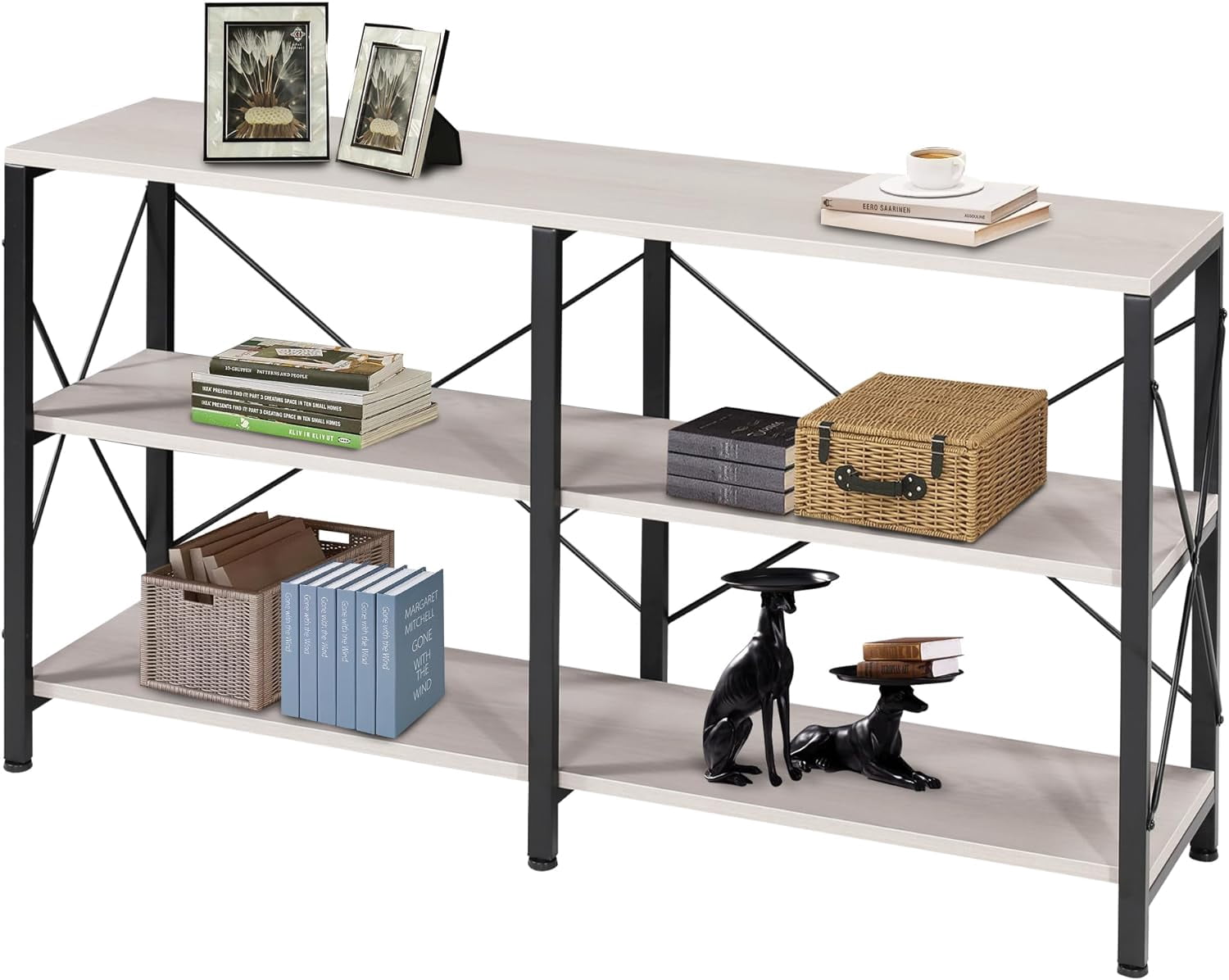 3-Tier Low Book Shelf, 55 Inch Wide Open Book Shelf, Industrial Wooden ...