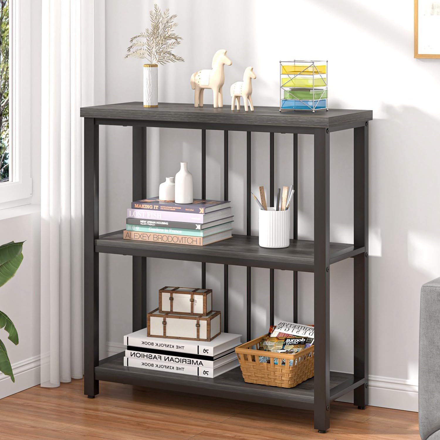 3 Tier Low Short Book Shelf, Industrial Metal and Wood Book Case for ...