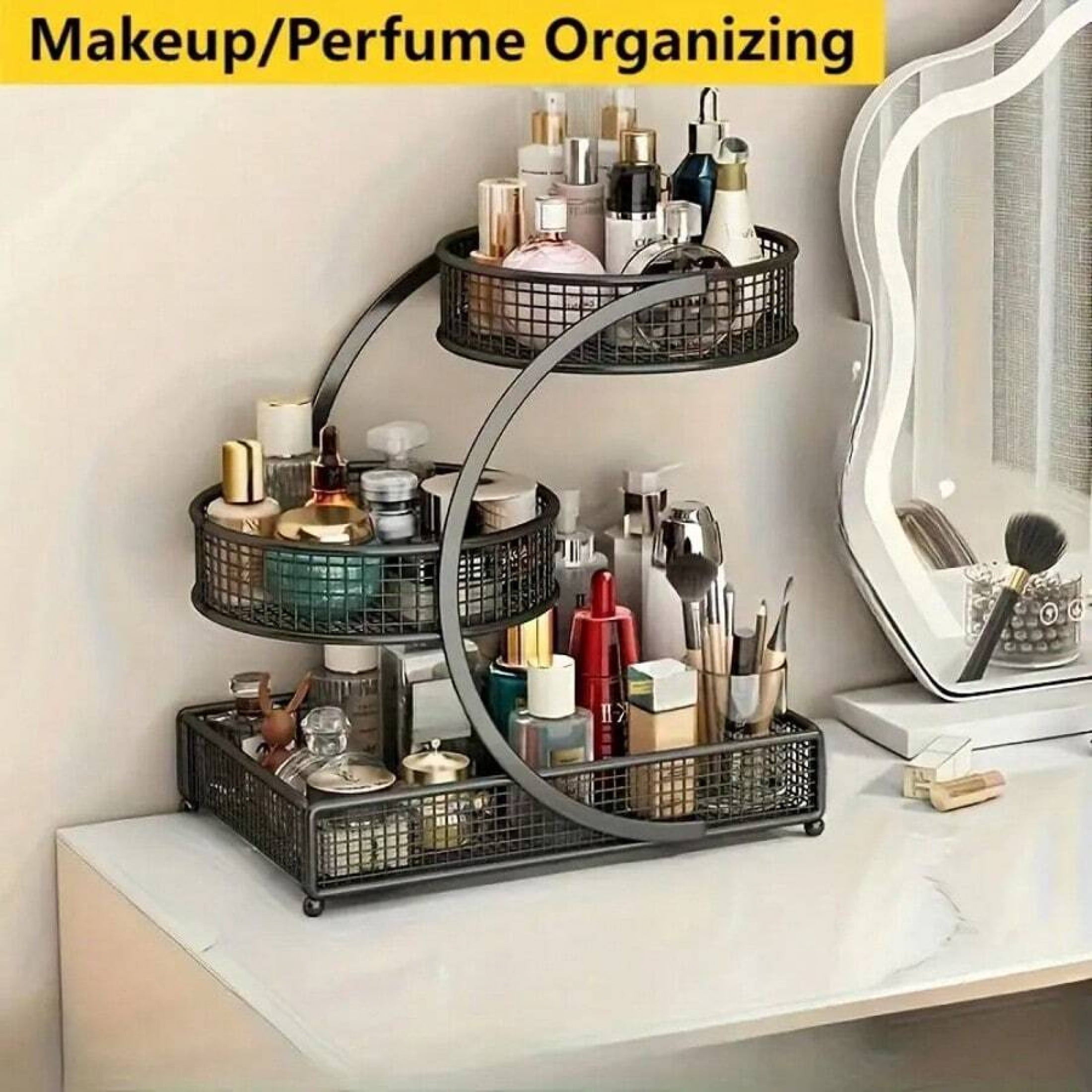 3-Tier Makeup Organizer - Varnished Metal Round Baskets, Anti-Rust ...