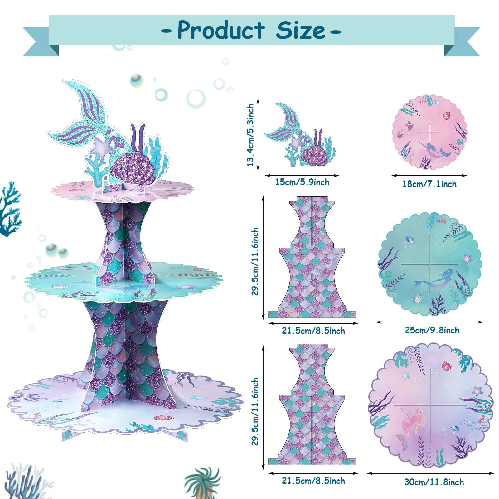 3 Tier Mermaid AJH3 Cupcake Stand Birthday Party Decorations Mermaid ...