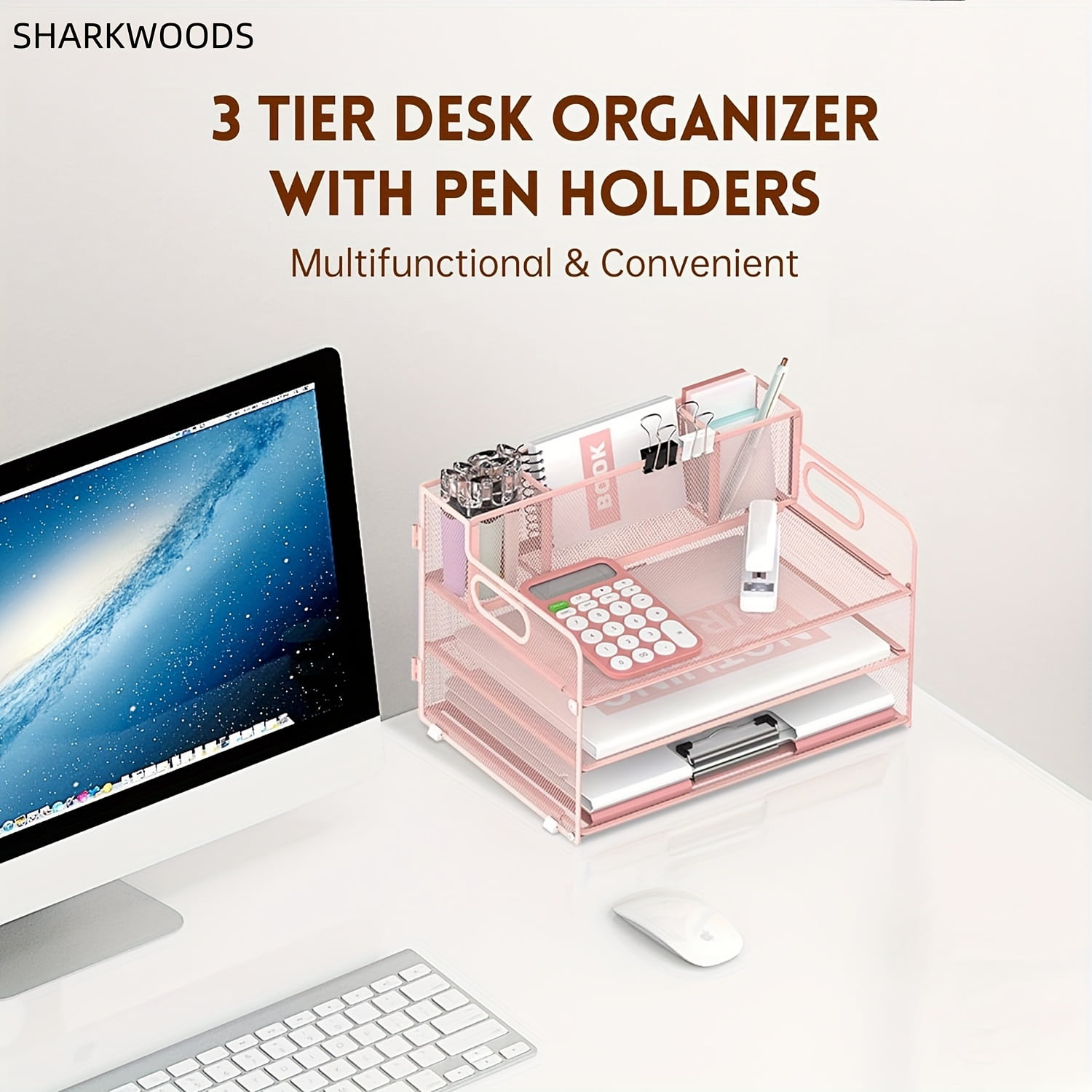 3 Tier Mesh Desk Organizer - Handle & 3 Pen Holders, Paper Letter/File ...