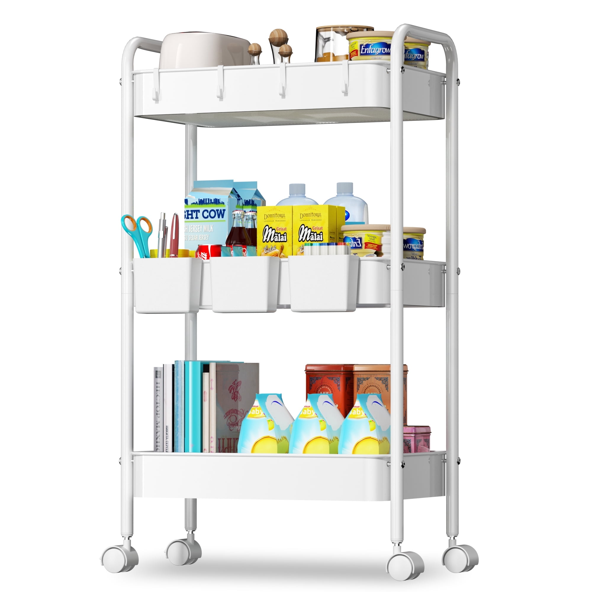 3-Tier Rolling Utility Cart with Lockable Wheels, Handle, Hooks & Cups ...