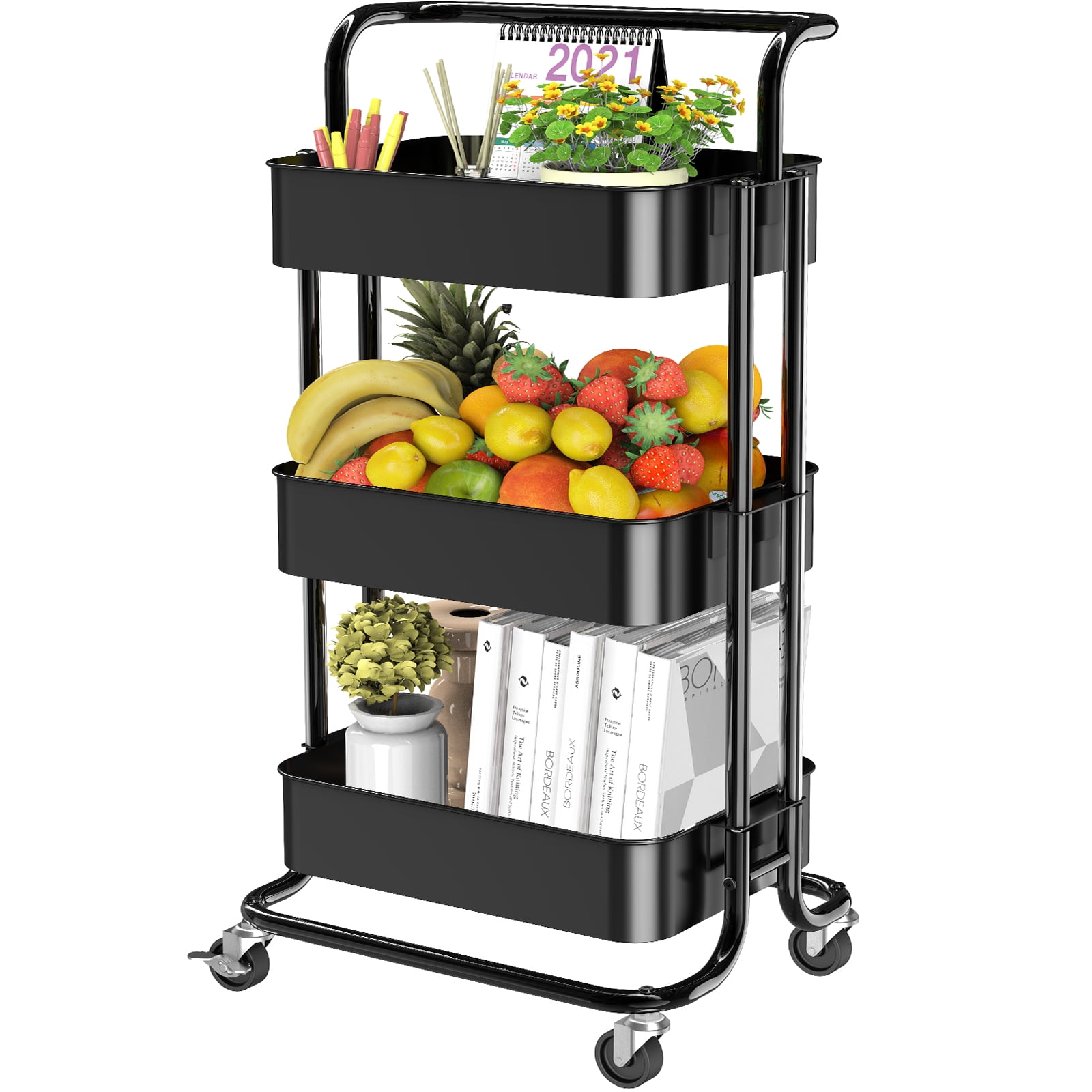 3 Tier Mesh Utility Cart Rolling Metal Organization Cart with Handle ...