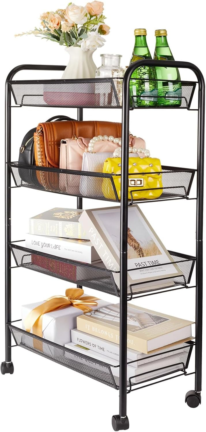 3-Tier Mesh Wire Rolling Cart,Metal Rolling Basket cart with Wheels ...