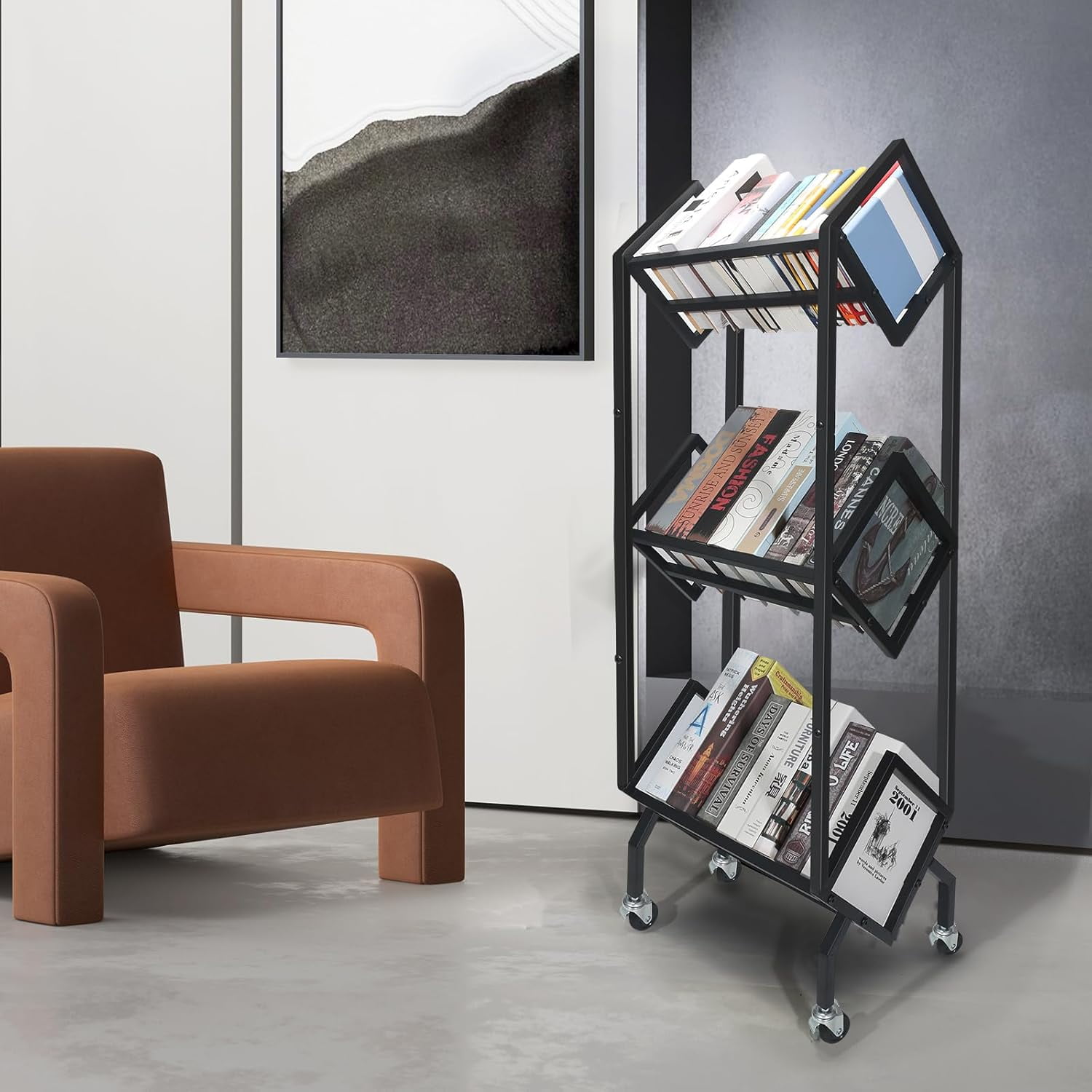 3-Tier Metal Book Cart with 360° Rotation Wheels for Study Rooms ...