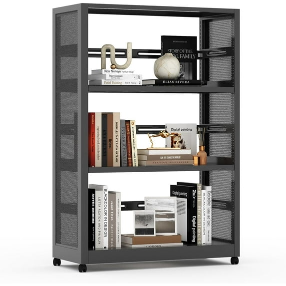 3-Tier Metal Bookcase with Wheels,42" Black Display Bookshelf with ...