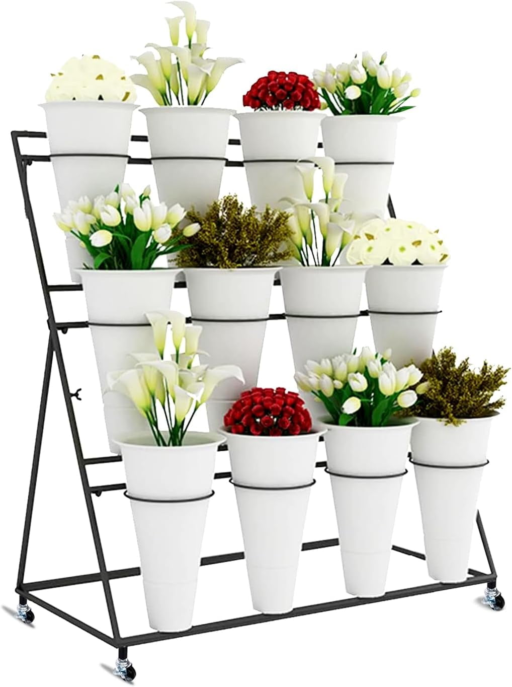 3 Tier Metal Flower Display Stand Frame with 12pcs Buckets, Flower Cart ...