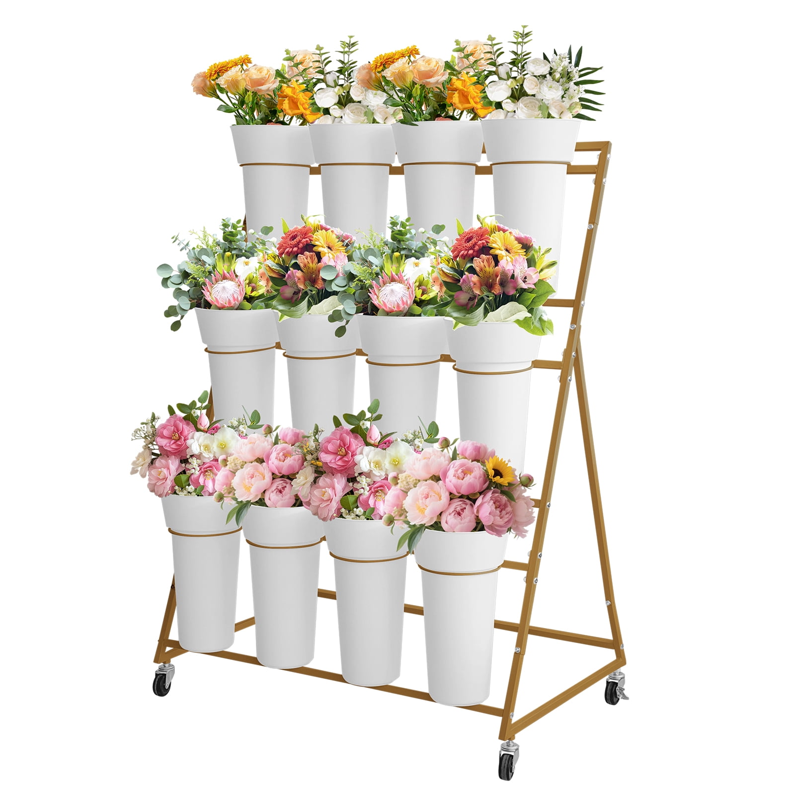 3-Tier Metal Flower Display Stand with 12 Buckets – Mobile Plant Rack ...