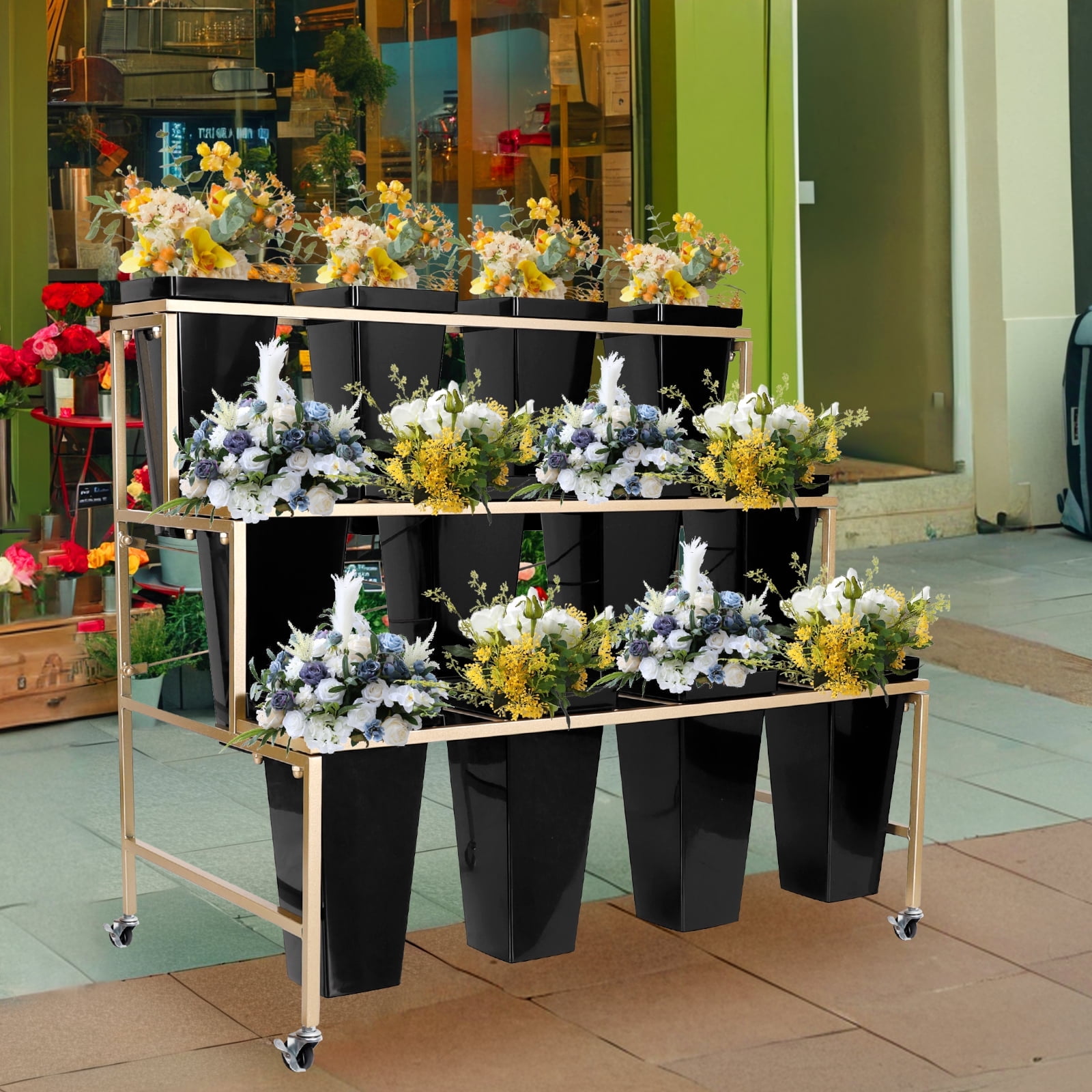 3 Tier Metal Flower Display Stand with 12 Buckets and Wheels, Ideal for ...
