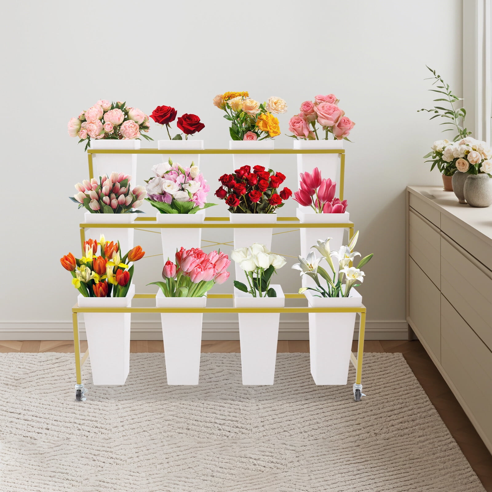 3-Tier Metal Flower Display Stand with 12 Buckets and Wheels for Home ...