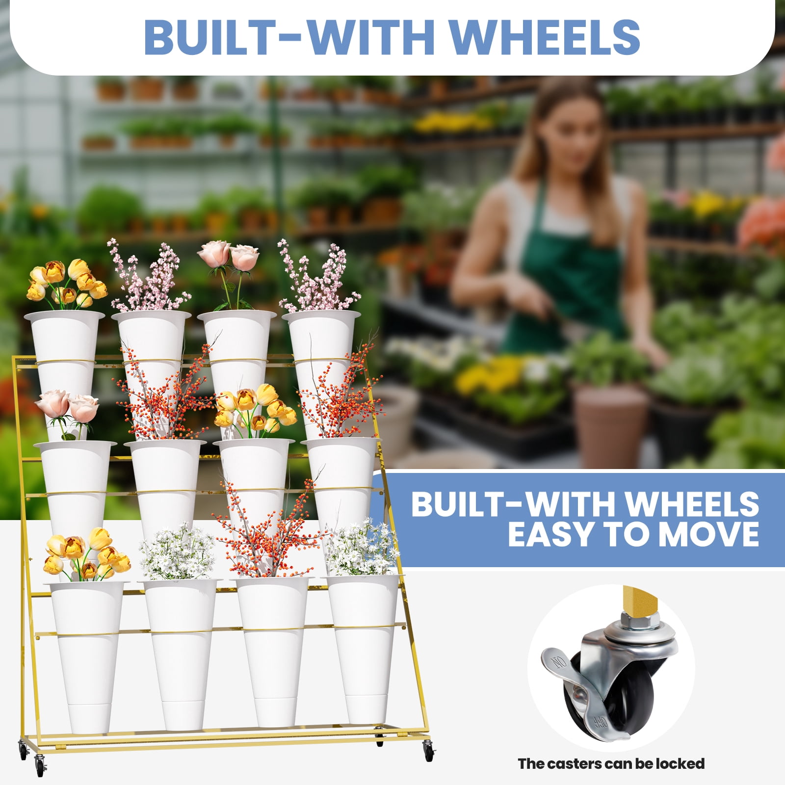 3 Tier Metal Flower Display Stand with 12pcs Plastic Buckets for Fresh ...
