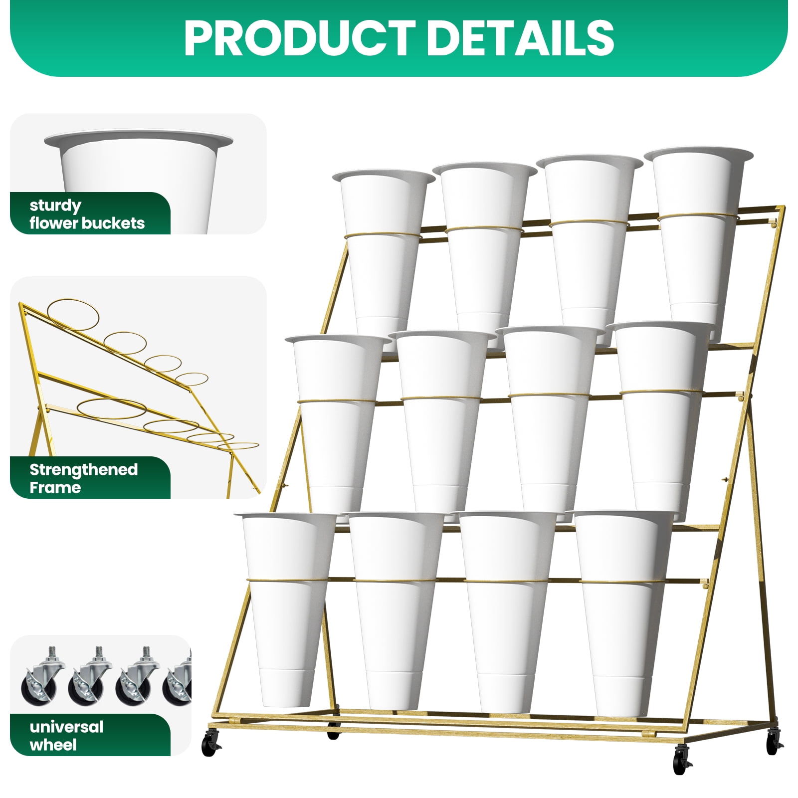 3 - Tier Metal Flower Display with 12 White Pots, Rolling Wheels, for ...